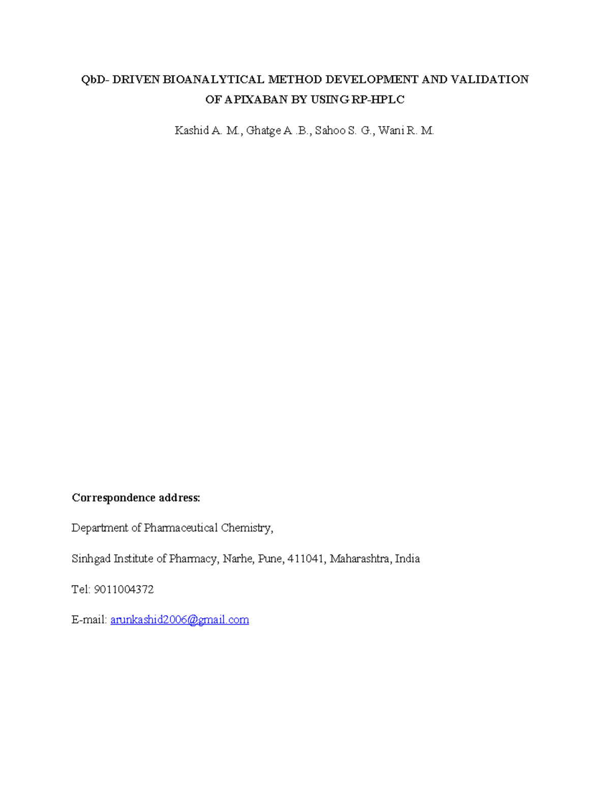 Amitaresearch paper - QbD- DRIVEN BIOANALYTICAL METHOD DEVELOPMENT AND VALIDATION OF APIXABAN BY ...