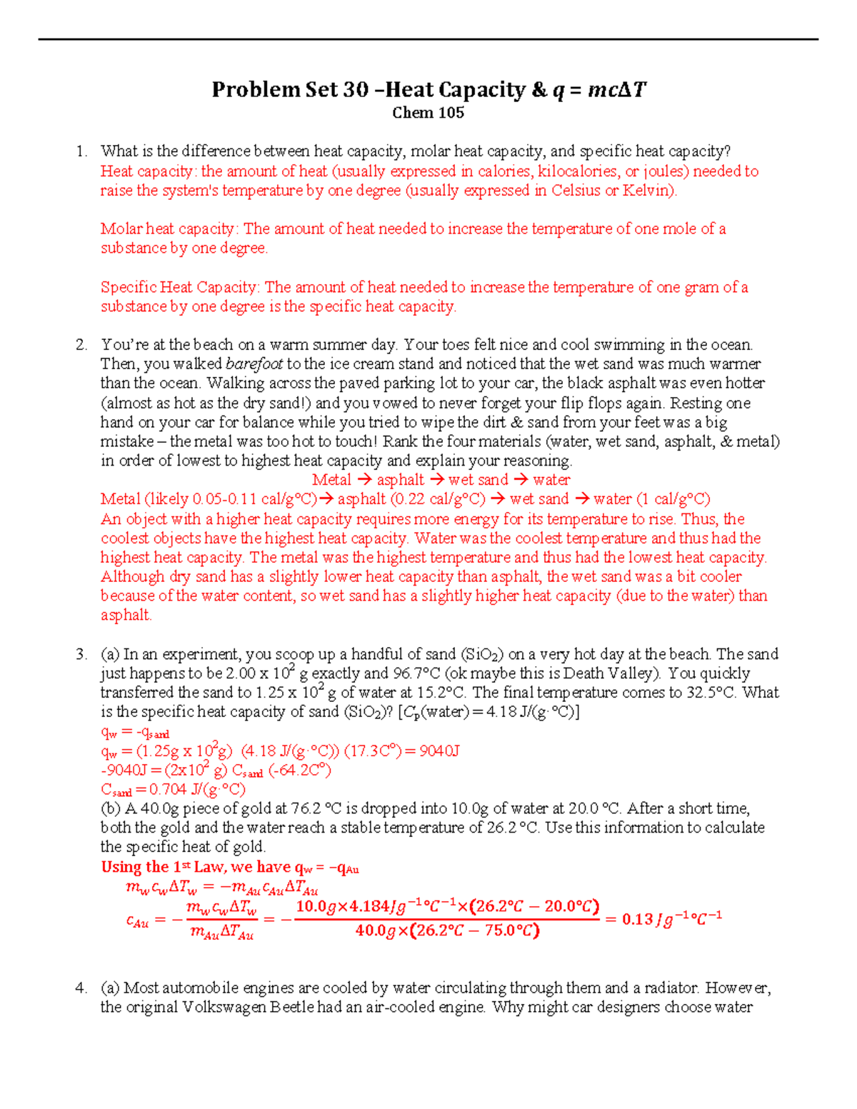 PS 30 - work - Problem Set 30 –Heat Capacity & q = mc∆T Chem 105 What ...