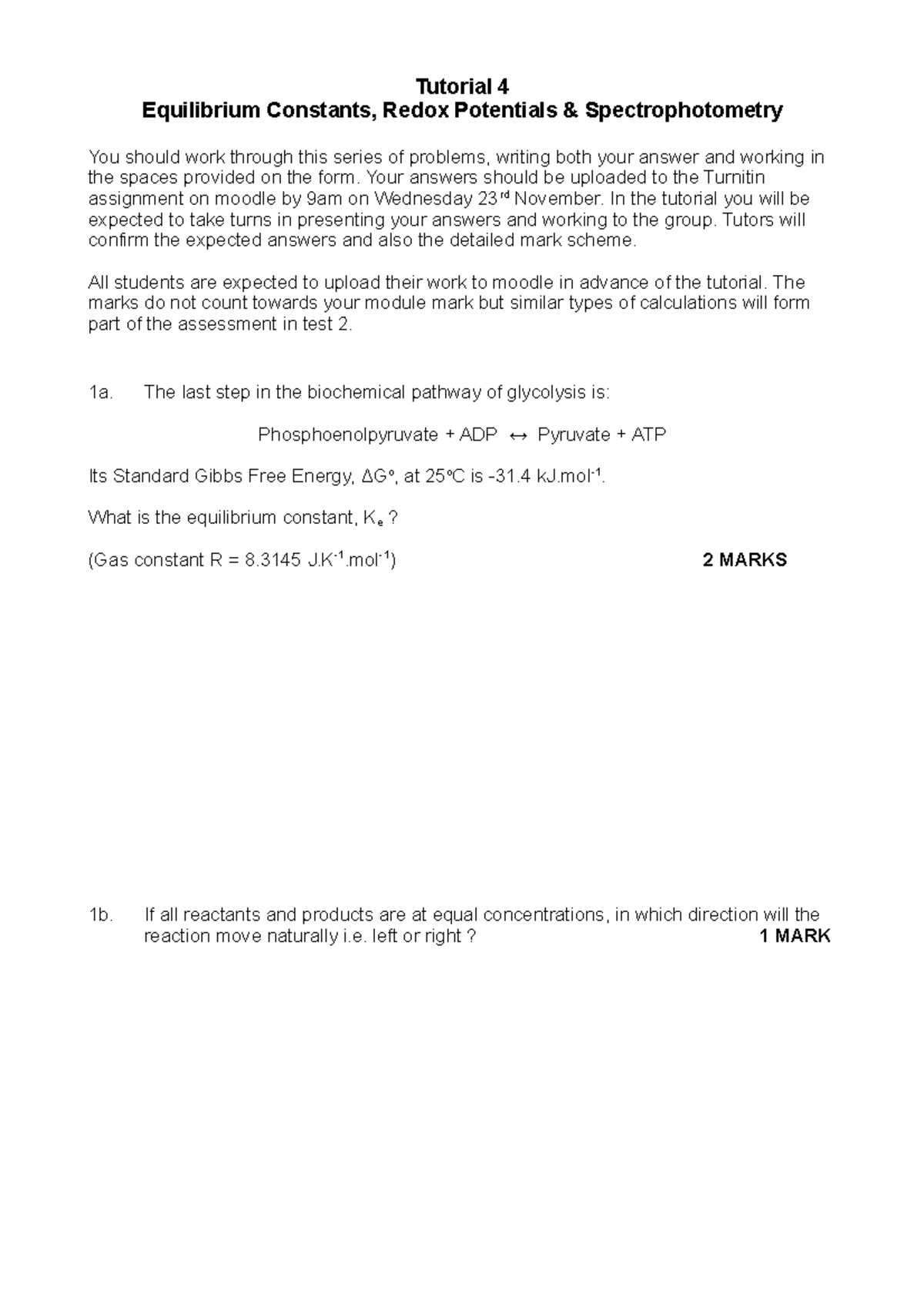 Tutorial 4 calculations - Tutorial 4 Equilibrium Constants, Redox Potentials & Spectrophotometry ...