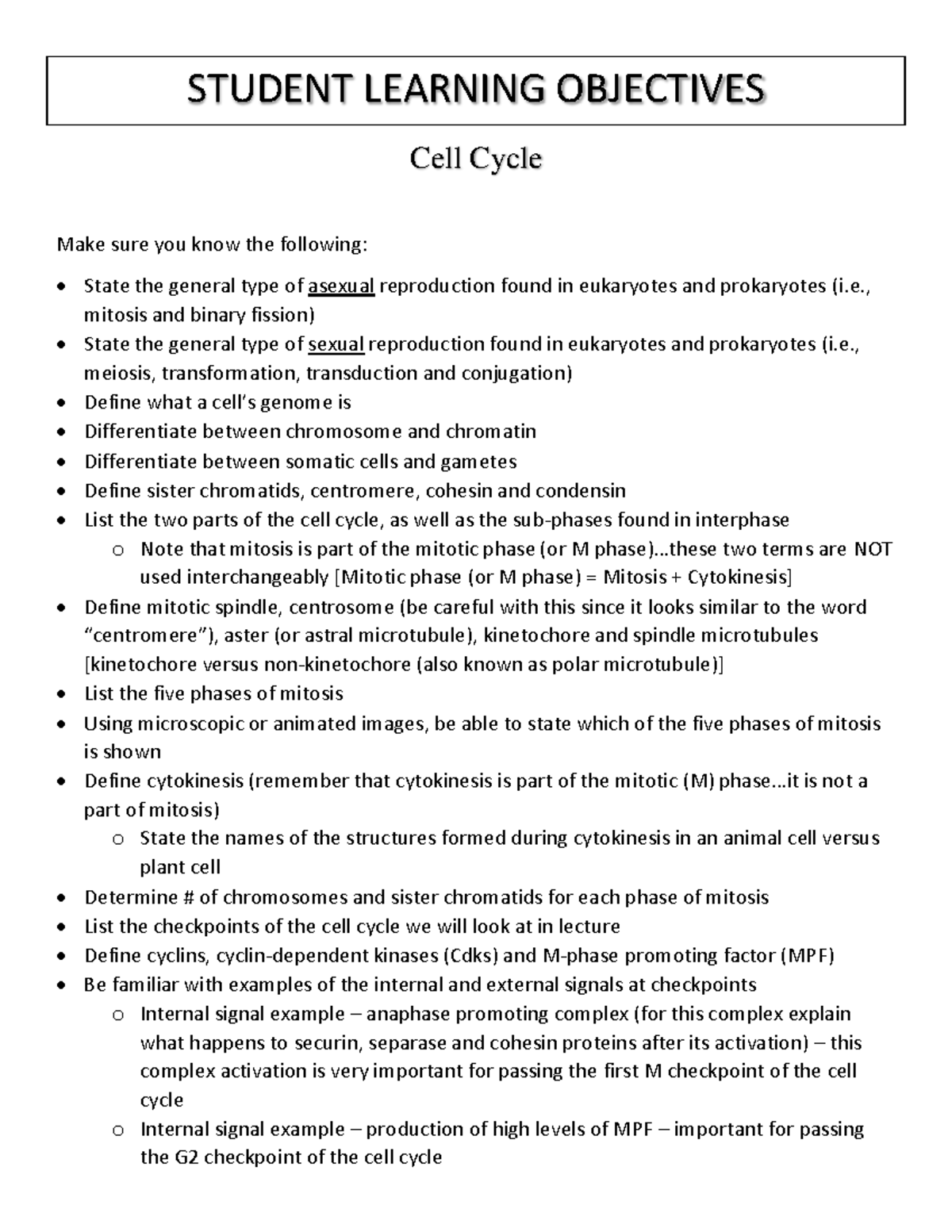 Biology 110 - Cell Cycle - Student Learning Objectives - STUDENT ...