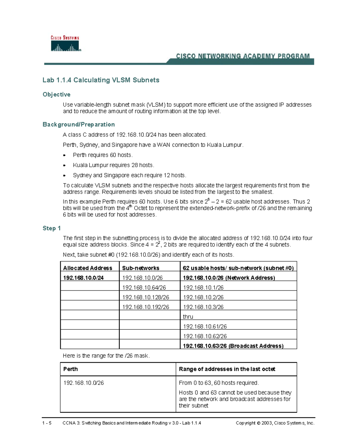 Lab 1 1 4 Good Lab 11 Calculating Vlsm Subnets Objective Use Variable Length Subnet Mask