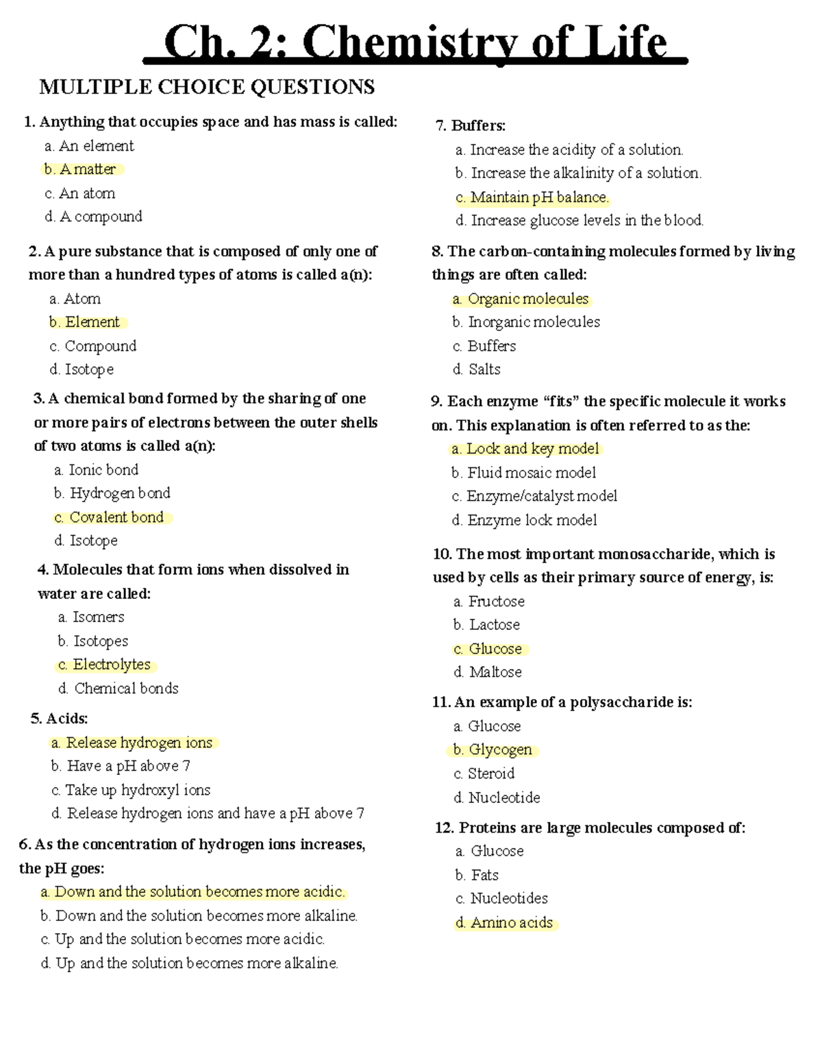 Ch 2 Questions - Ch. 2: Chemistry of Life MULTIPLE CHOICE QUESTIONS ...