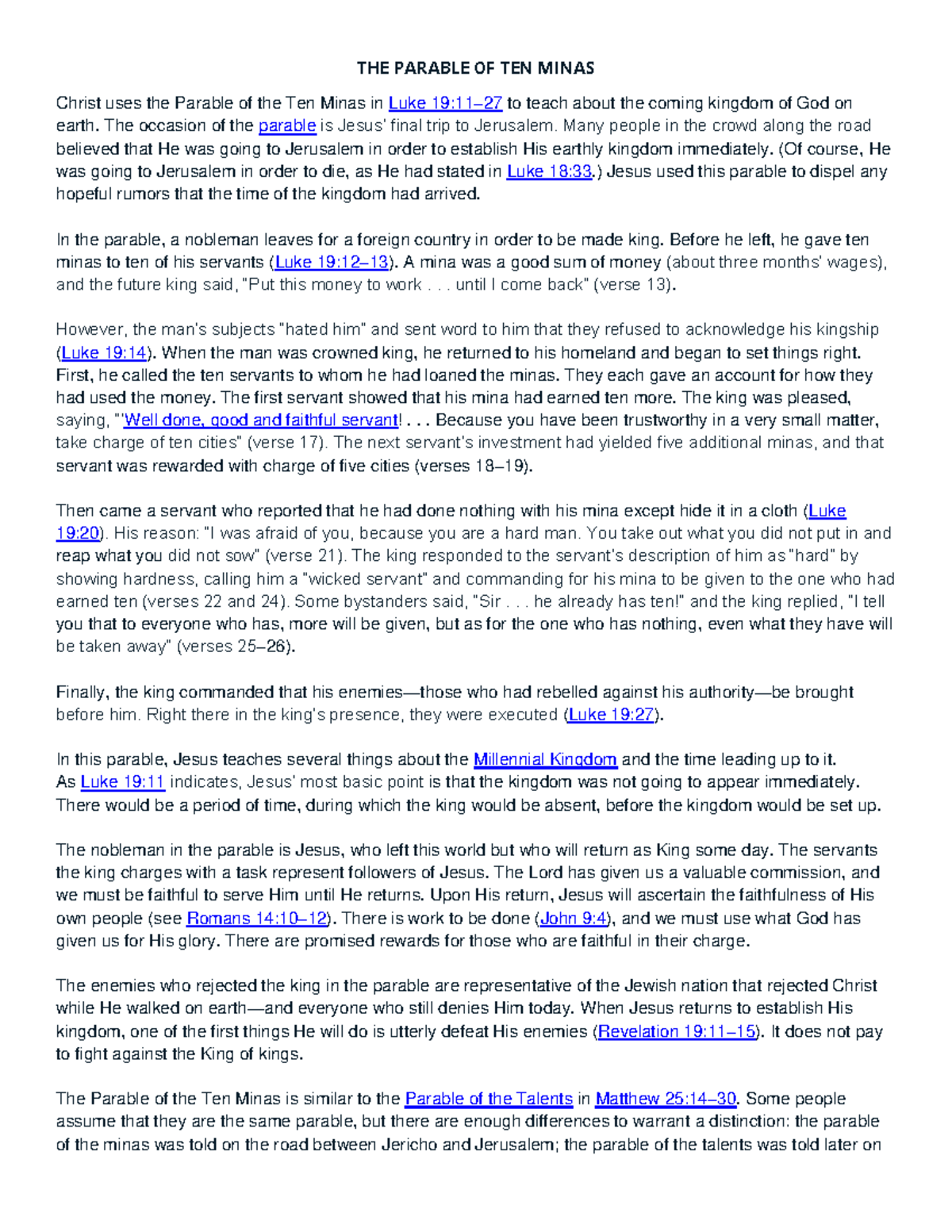 THE Parable OF TEN Minas - THE PARABLE OF TEN MINAS Christ uses the ...