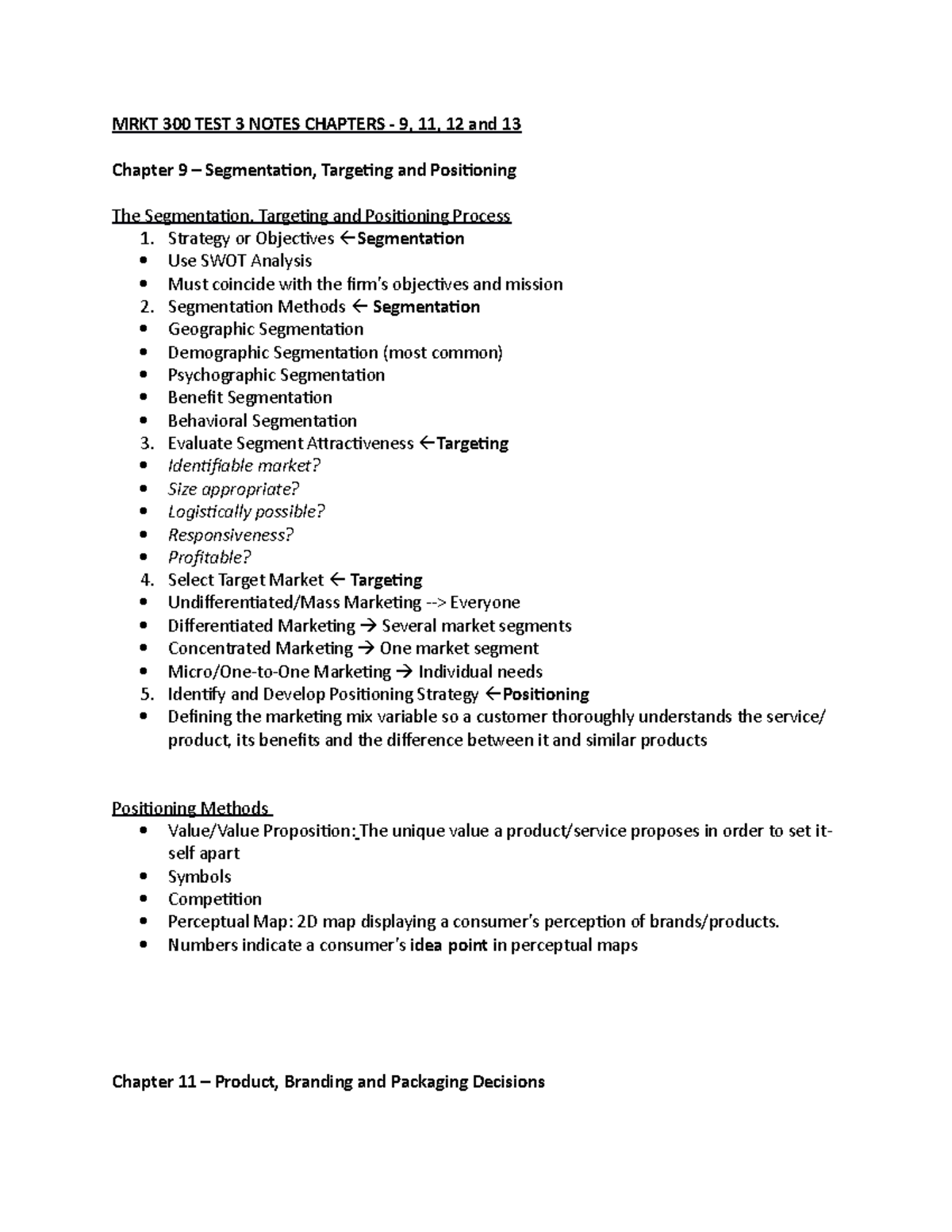 MRKT 300 EXAM 3 Notes - MRKT 300 TEST 3 NOTES CHAPTERS - 9, 11, 12 and ...
