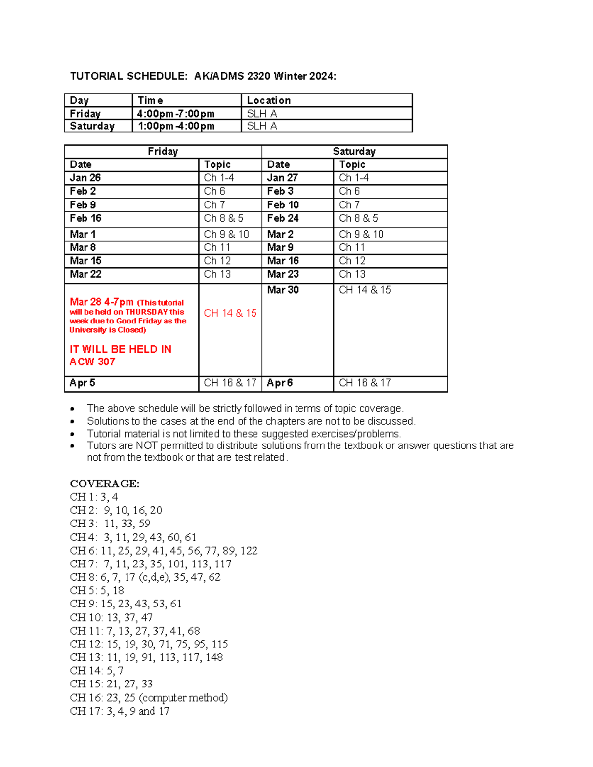 Tutorial 2320 Schedule Winter 2024 - ON Campus - TUTORIAL SCHEDULE: AK ...