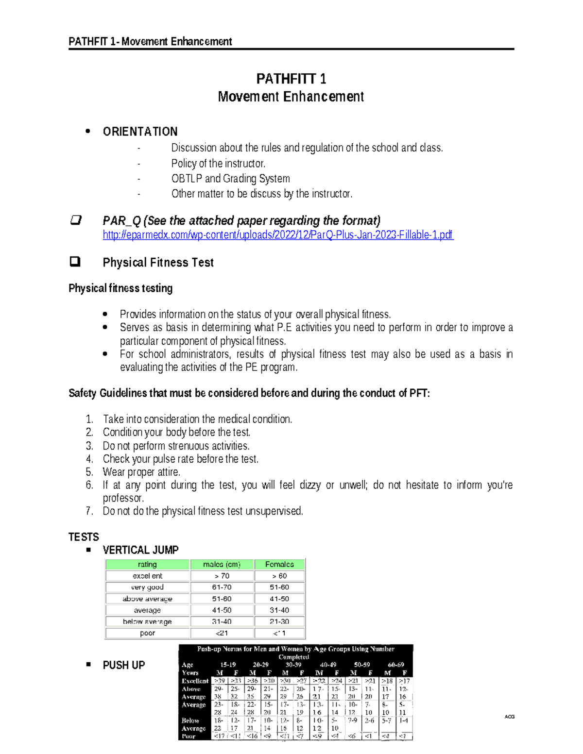 FITT 1 2023 Revised Handouts - PATHFITT 1 Movement Enhancement ORIENTATION - Discussion about ...