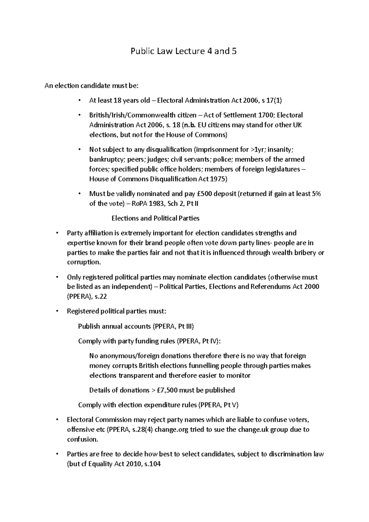 Public Law Lecture Notes 1 2 5 Public Law Lecture 4 And 5 An Election Candidate Must Be At