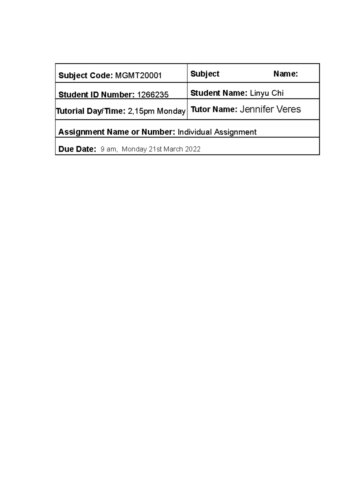 OB individual assignment - Subject Code: MGMT20001 Subject Name: Student ID Number: 1266235 ...