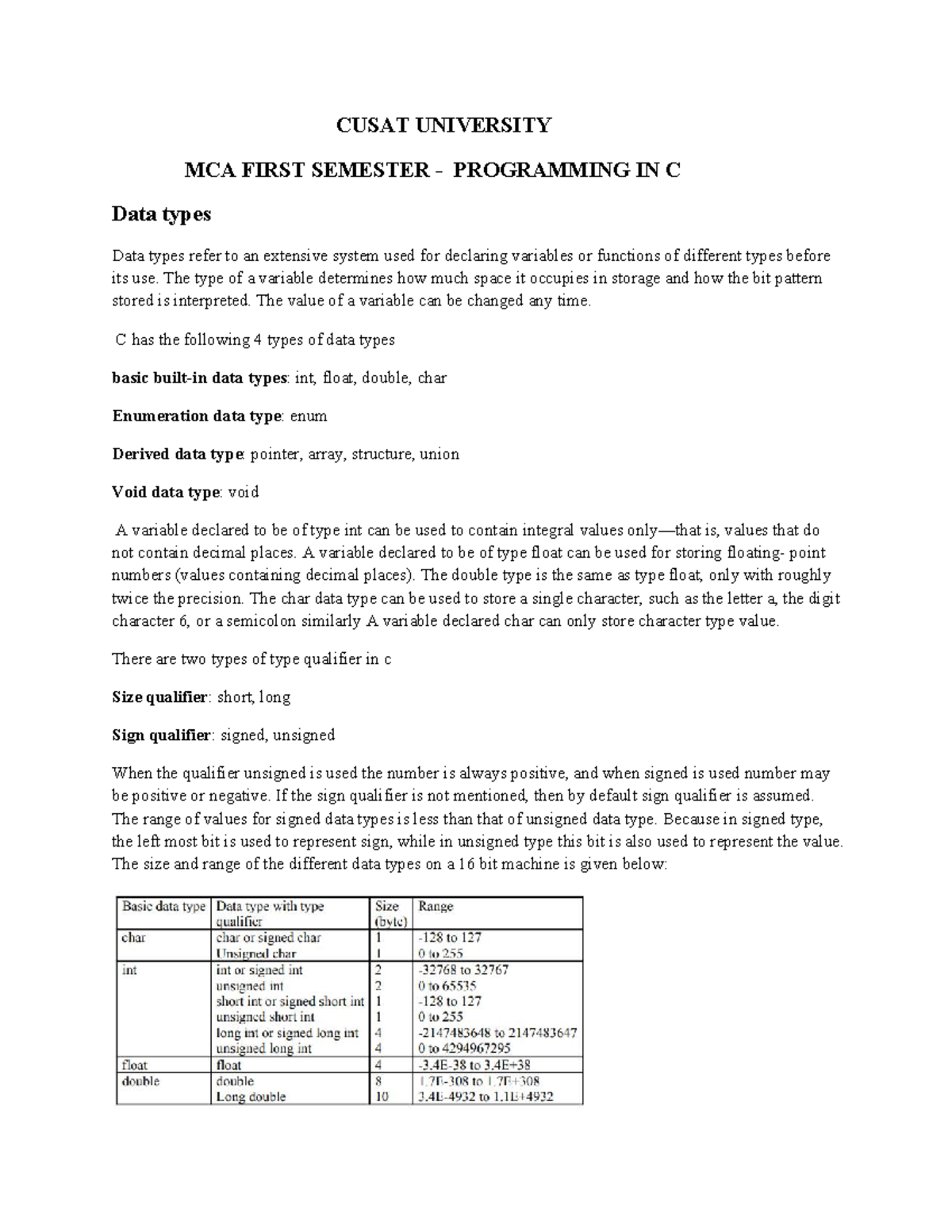 C Programming Data Types Cusat University Mca First Semester