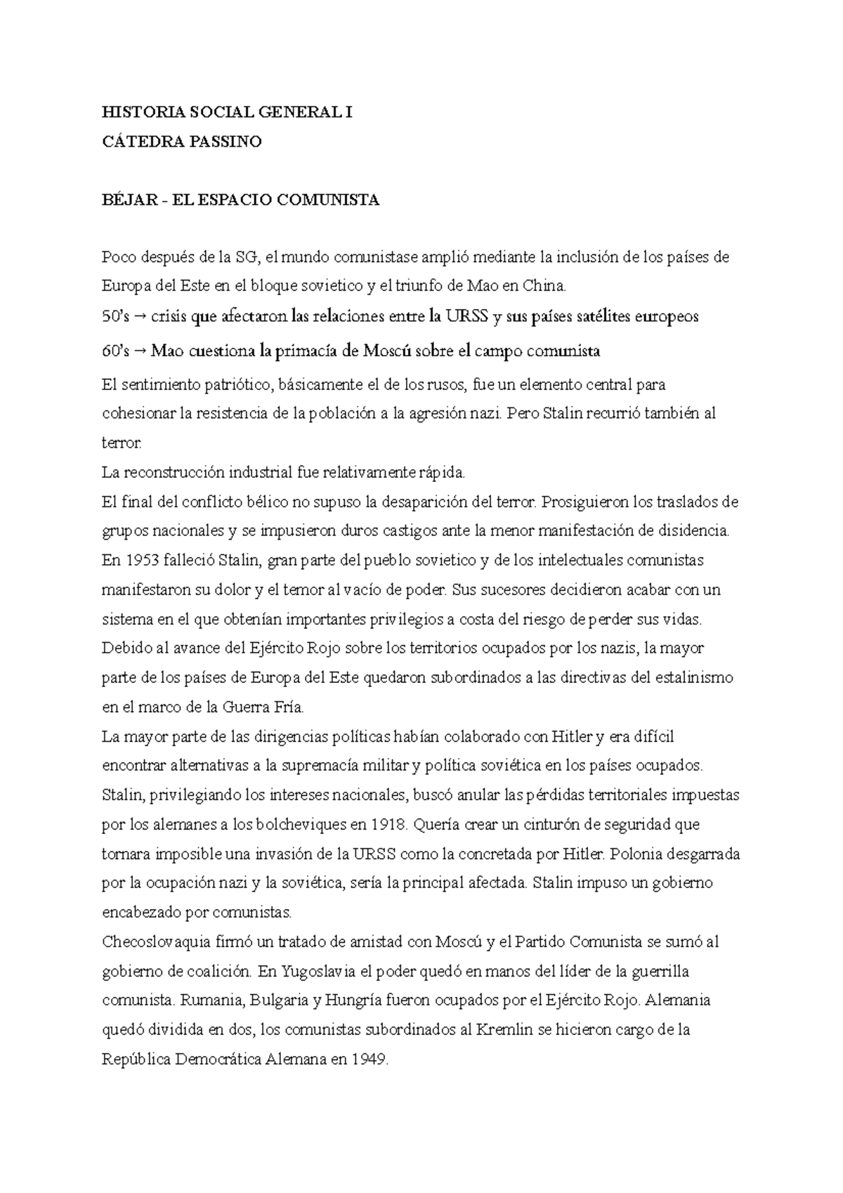 Bejar - Catedra Passino - Historia del siglo XX - HISTORIA SOCIAL ...