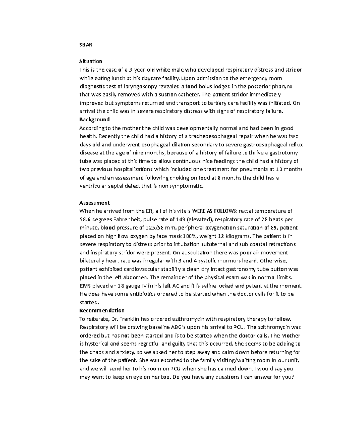 Acute Respiratory Distress Syndrome Teaching SBAR N - SBAR Situation ...