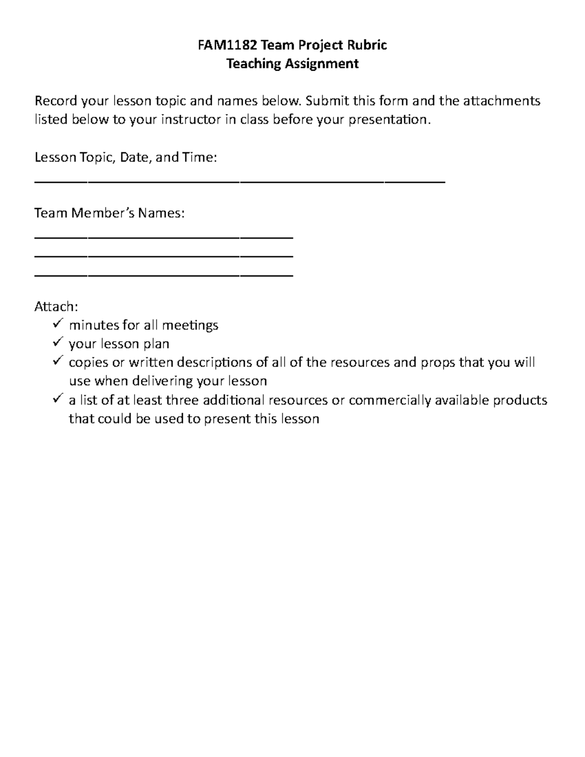 FAM1182 Team Project Rubric - FAM1182 Team Project Rubric Teaching ...