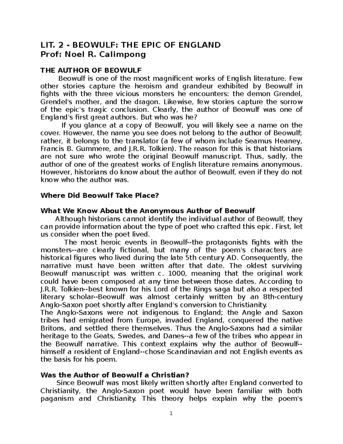 LIT - notes - LIT. 2 - BEOWULF: THE EPIC OF ENGLAND Prof: Noel R ...