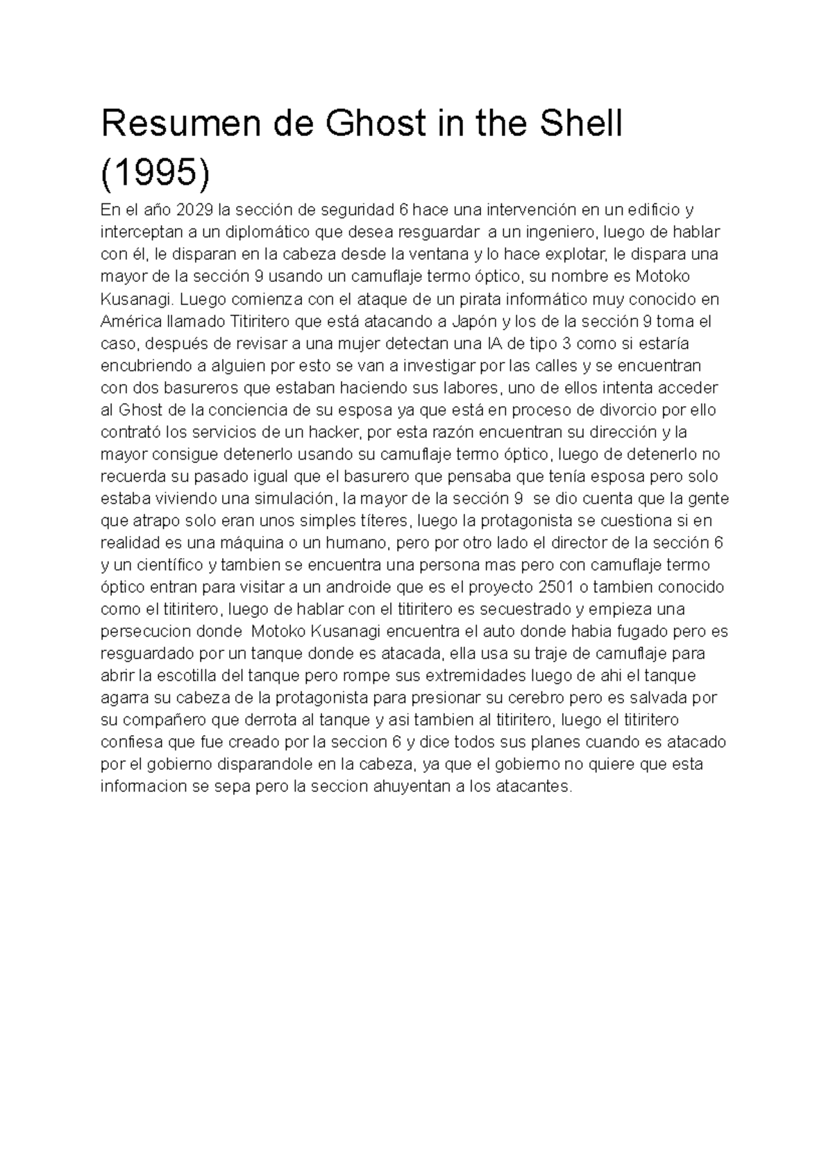 Resumen de Ghost in the Shell - Resumen de Ghost in the Shell (1995) En ...