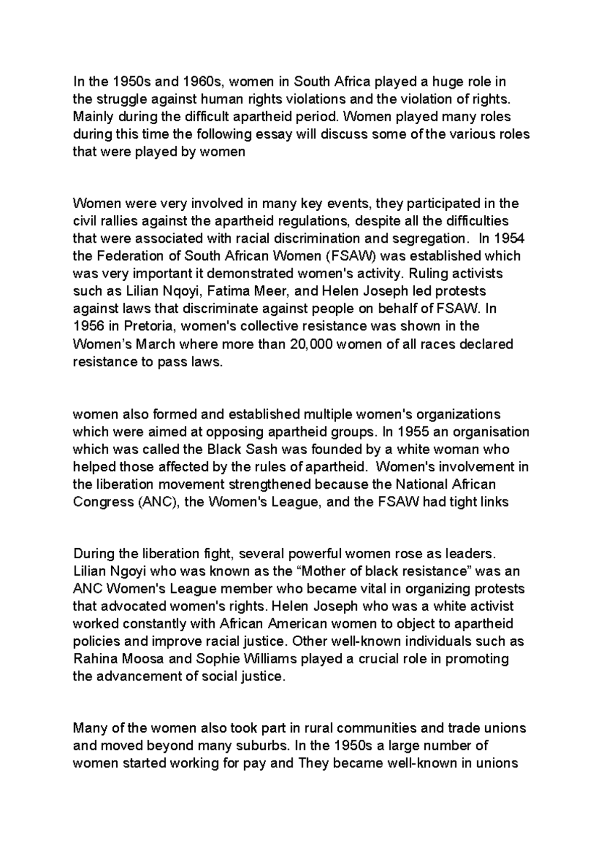 Own his essay - history essya - In the 1950s and 1960s, women in South ...