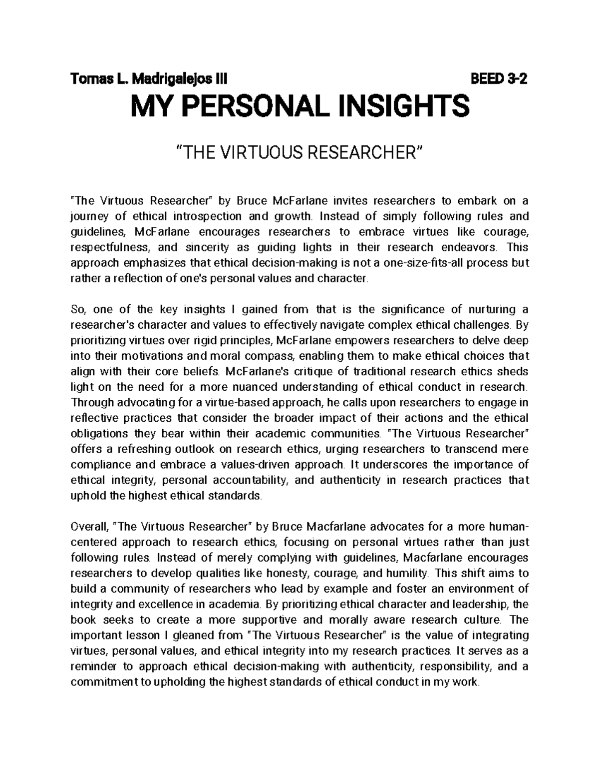 Personal Insights - Essay - Tomas L. Madrigalejos III BEED 3- MY ...