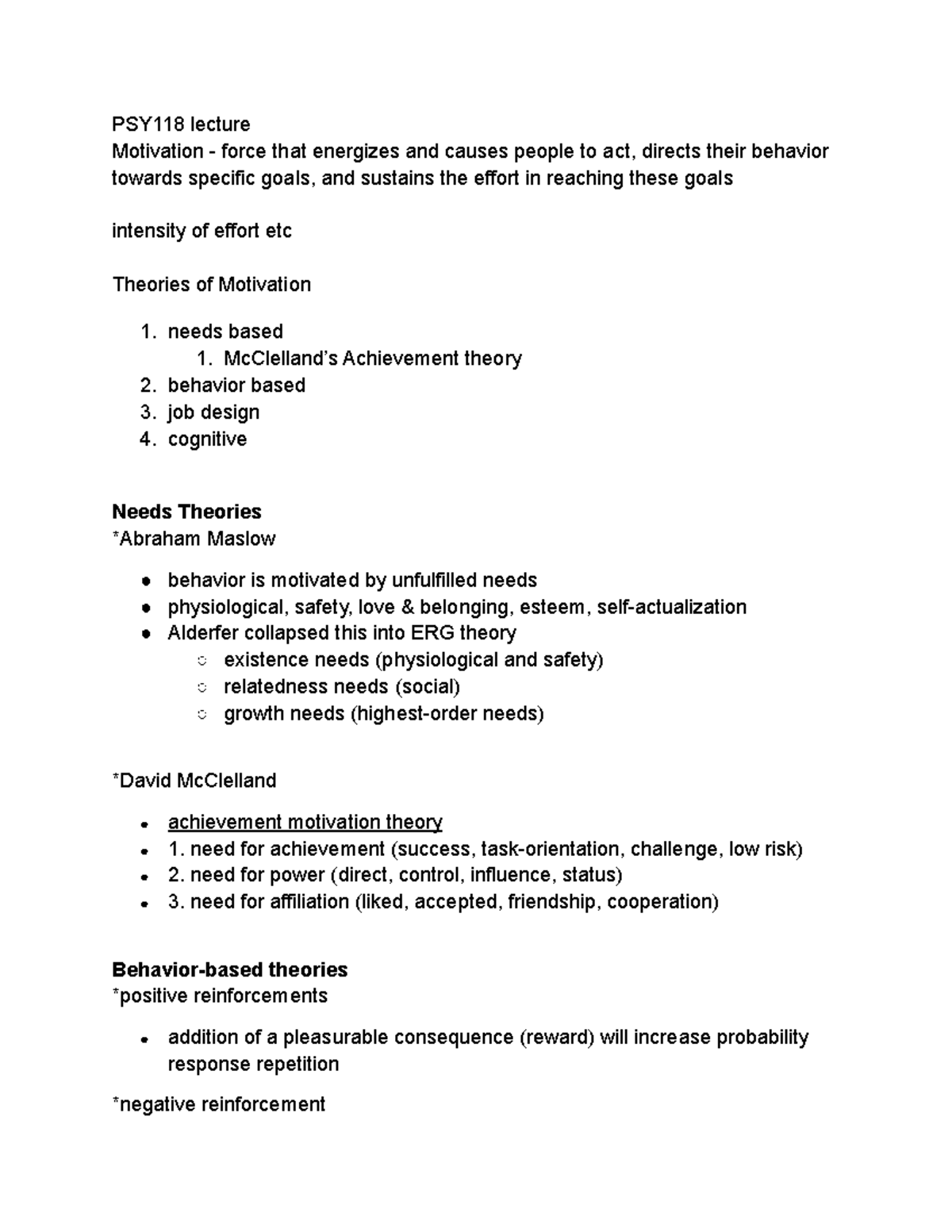 I/O Psychology lecture notes - PSY118 lecture Motivation - force that ...