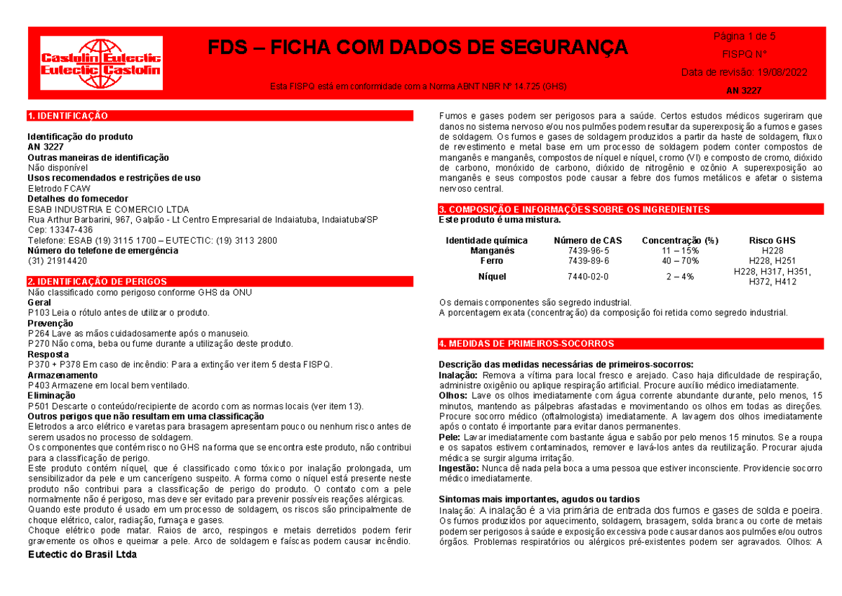 FDS - Ficha DE Dados DE Segurança - FDS – FICHA COM DADOS DE SEGURANÇA ...