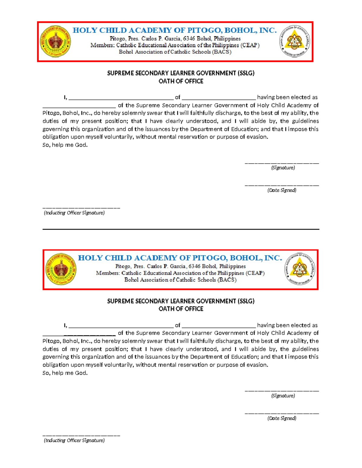 SSG Oath Taking - THIS IS THE FORMAT FOR THE OATH OF OFFICE OF THE SSLG ...