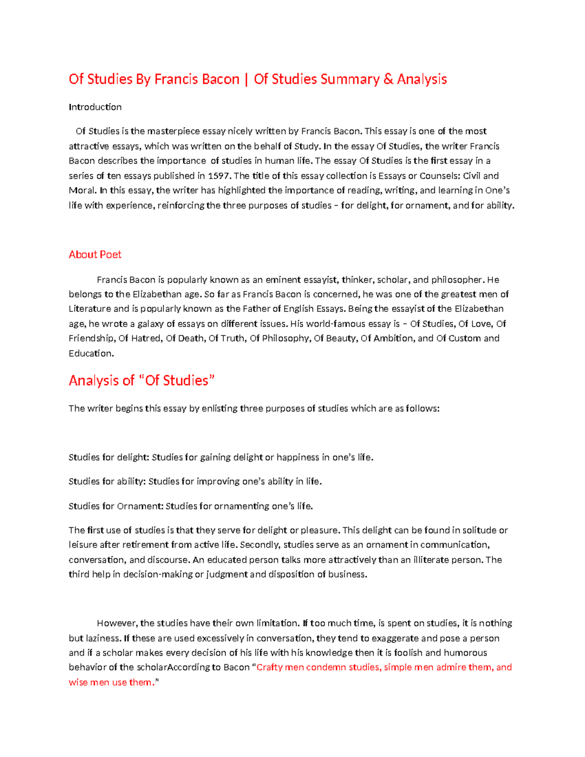 Of Studies Francis Bacon 2 - Of Studies By Francis Bacon | Of Studies ...