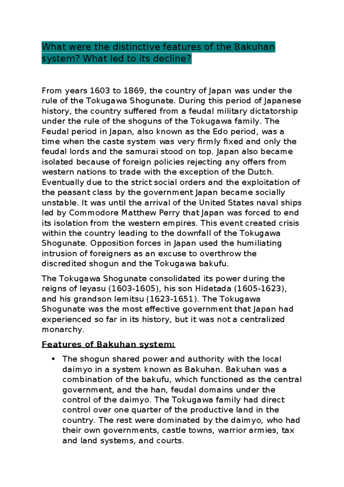 distinctive features of the Bakuhan system - 22518 - Studocu