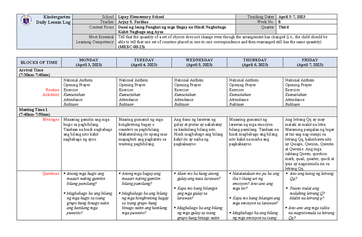 Kindergarten DLL MELC Q3 Week 8 asf - Kindergarten Daily Lesson Log ...