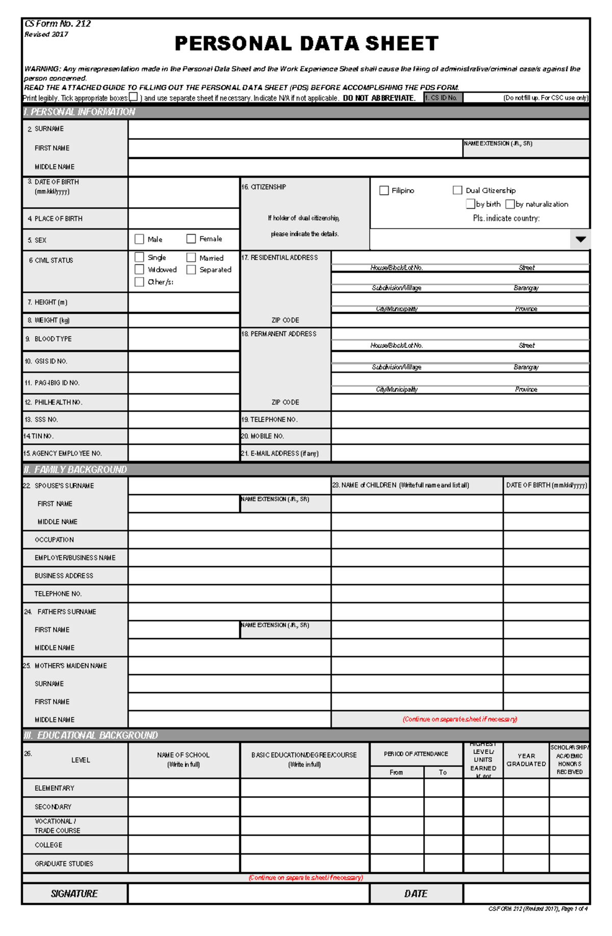 Personal Data Sheet CS Form No - Print legibly. Tick appropriate boxes ...