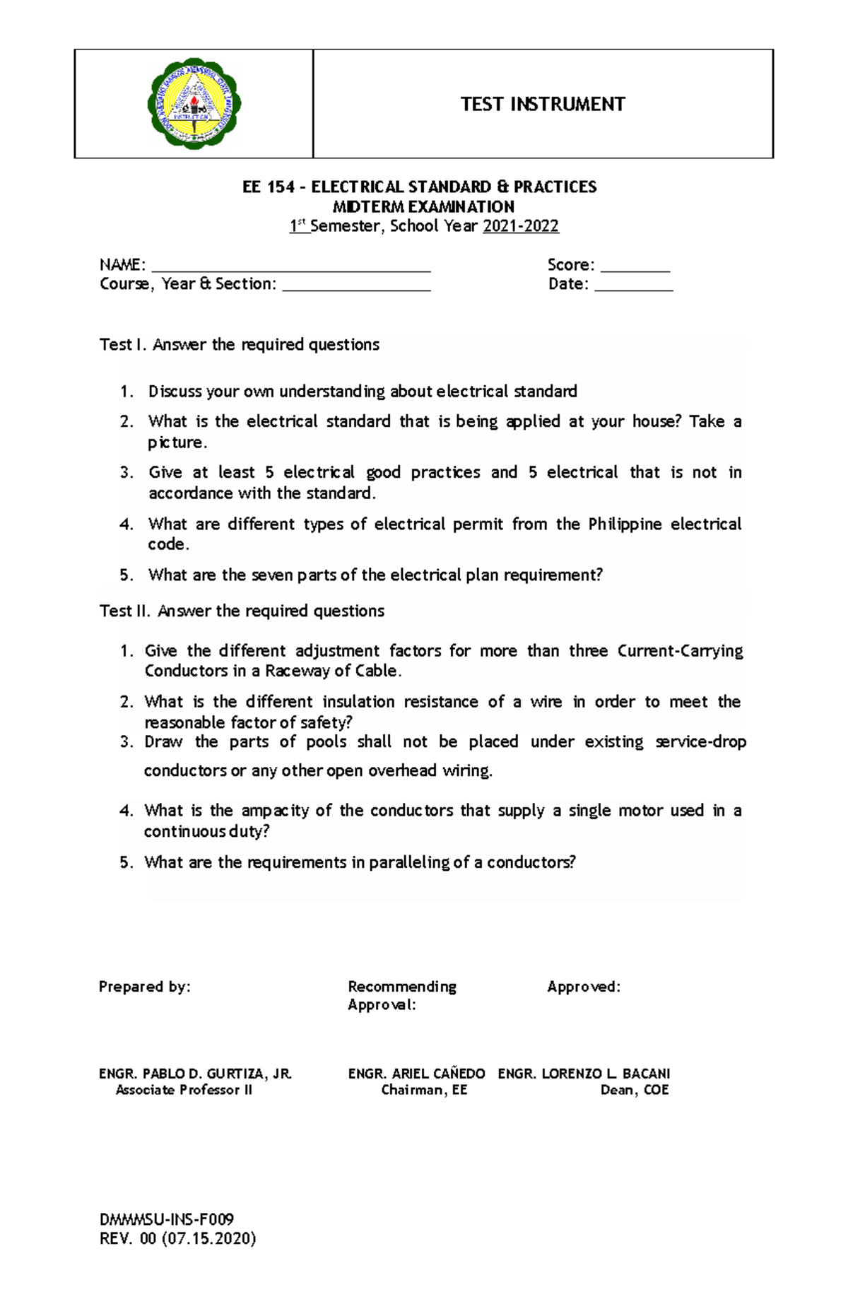 9 Test Instrument Midterm EE 104 Electrical Standards - TEST INSTRUMENT ...