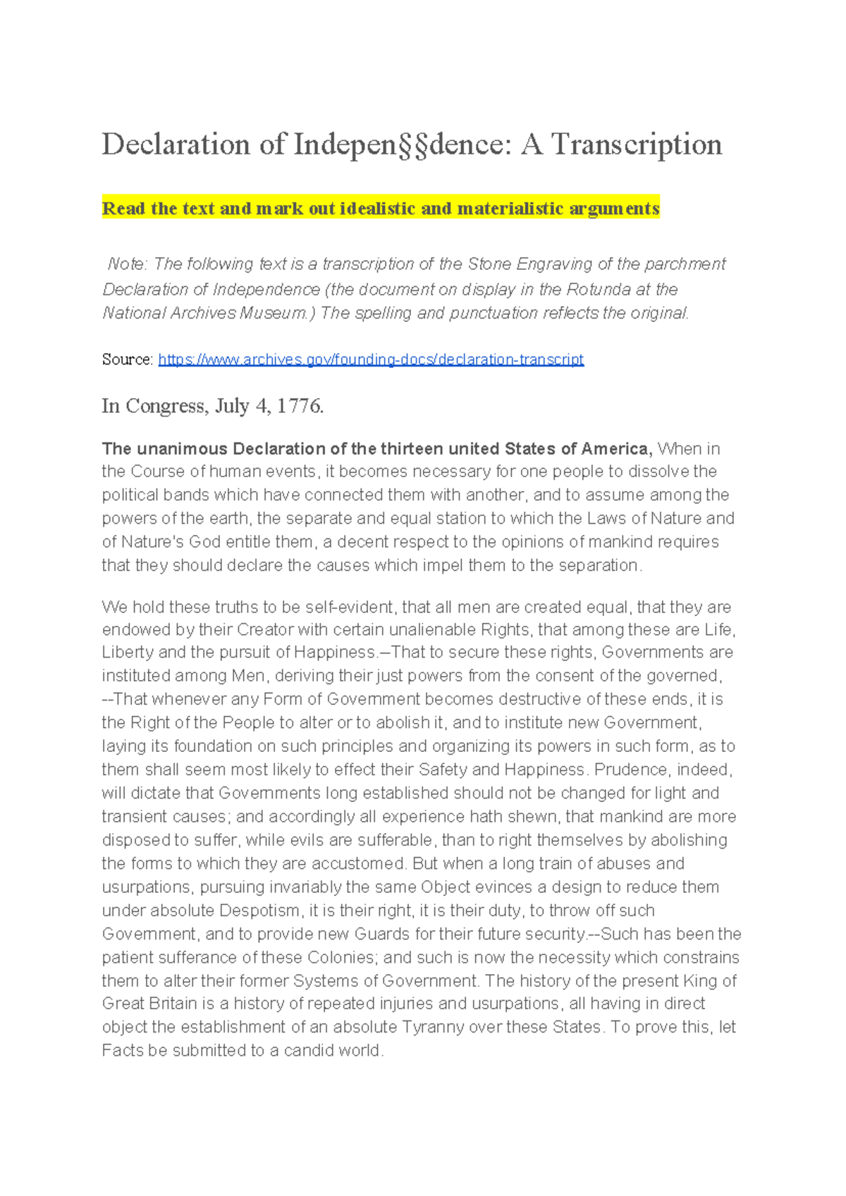 Declaration of Independence transcript Np3 - GS1111 - Studocu