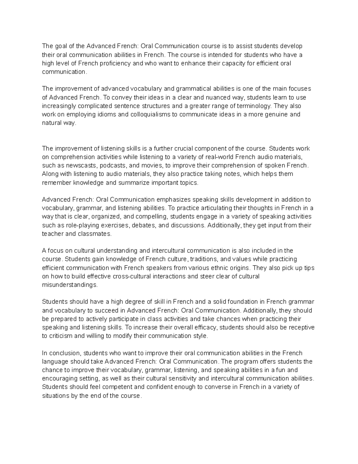 Notes on Advanced French Oral Communication - The goal of the Advanced ...