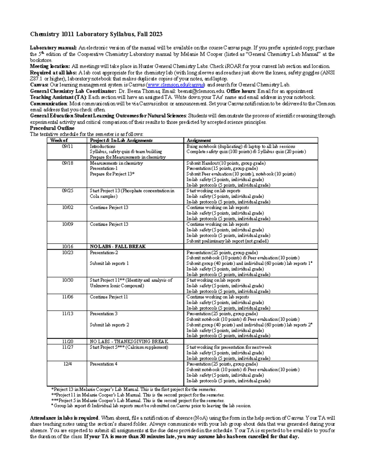1011Lab Syllabus F2308 - Chemistry 1011 Laboratory Syllabus, Fall 2023 ...