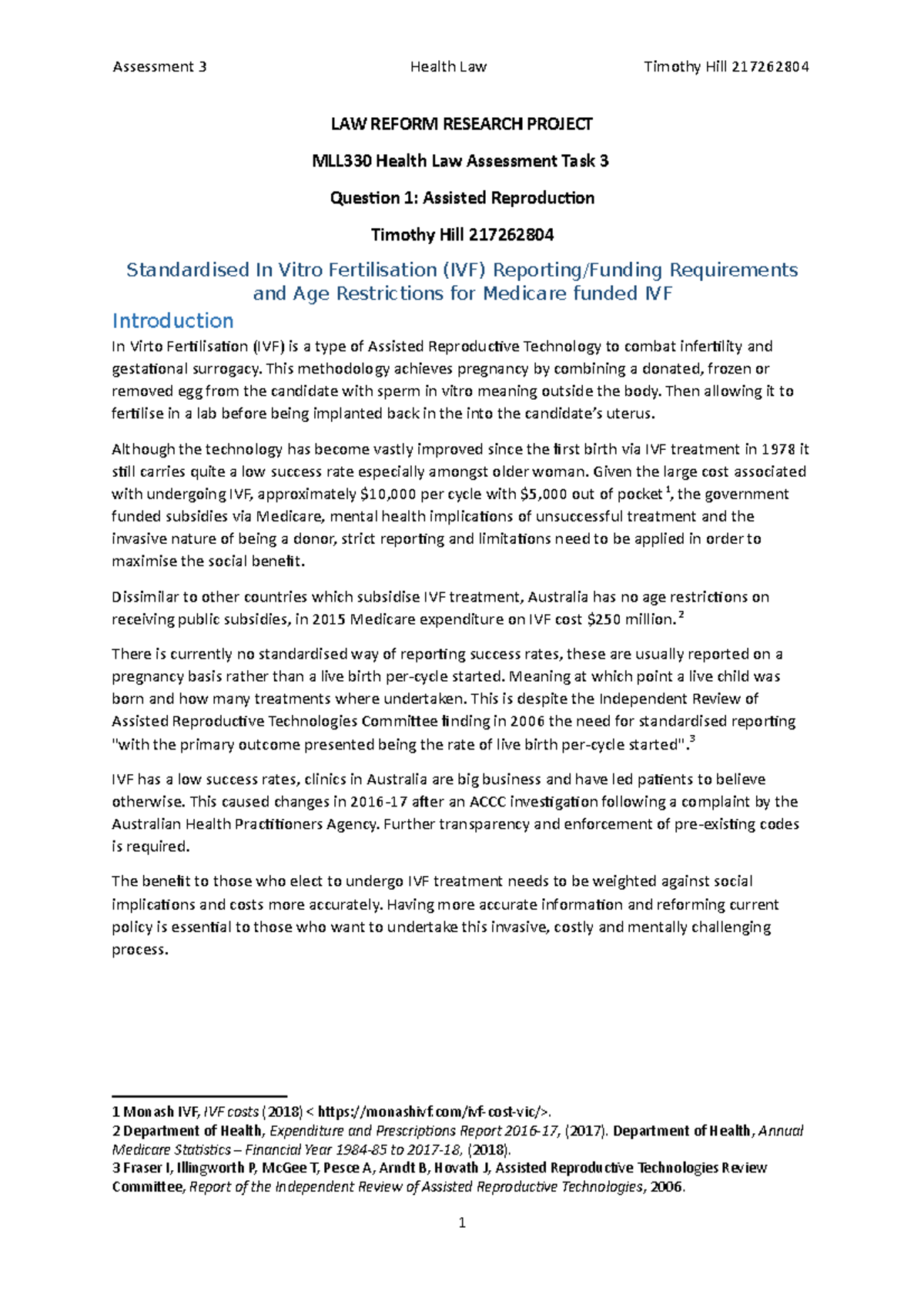 Assessment 3 Health Law LAW REFORM RESEARCH PROJECT MLL330 Health assessment-3-health-law-law-reform-research-project-mll330-health