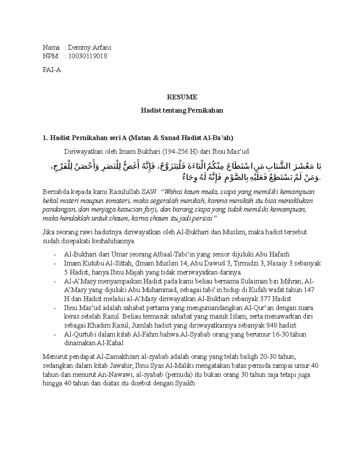 Hadist Pernikahan - Nama : Demmy Arfani NPM : 10030119018 PAI-A RESUME ...