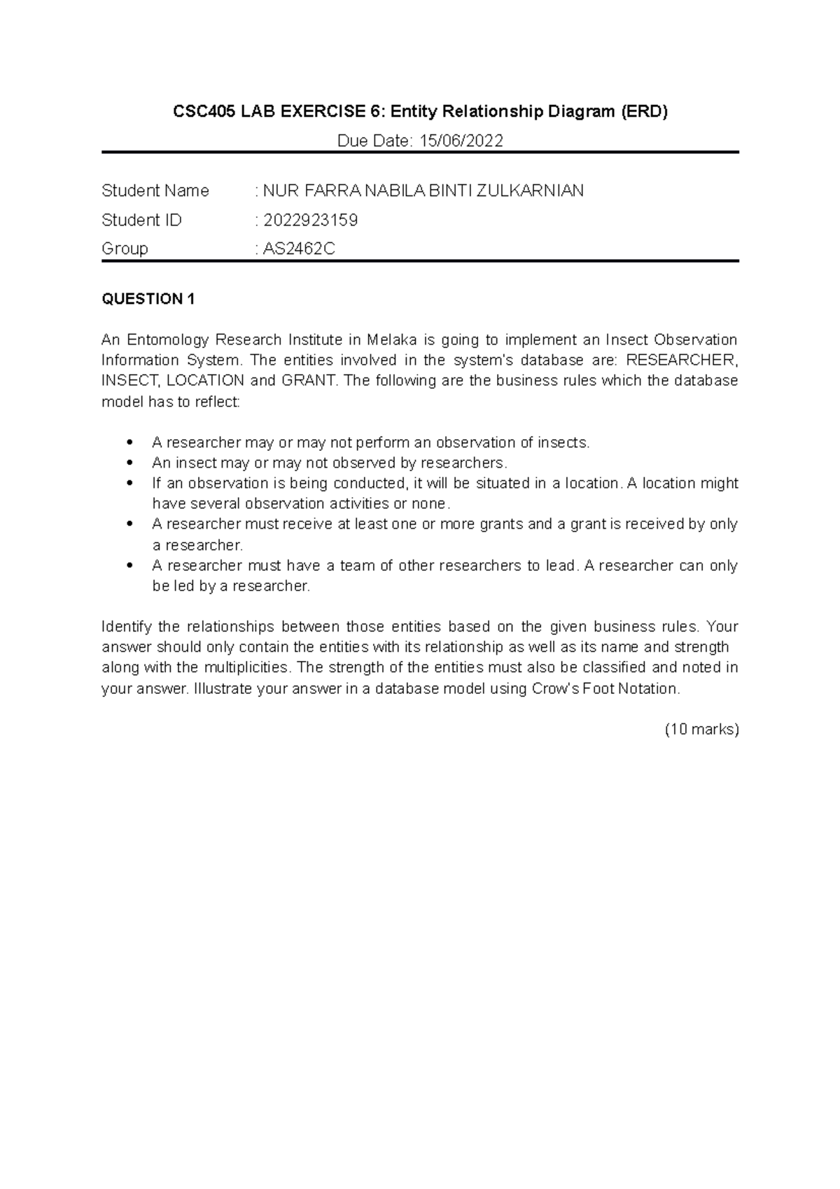 CSC405 - Lab 6 ERD - CSC405 LAB EXERCISE 6: Entity Relationship Diagram ...