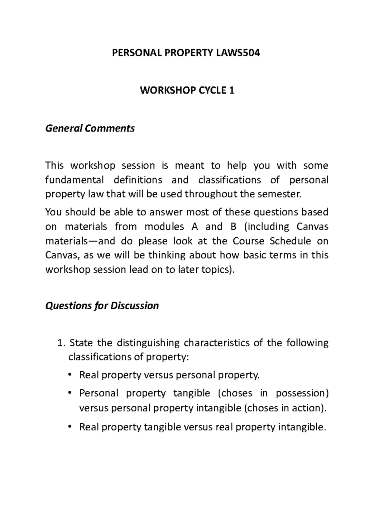 LAWS504 Personal Property 0000 Workshop cycle 1 Questions - PERSONAL ...