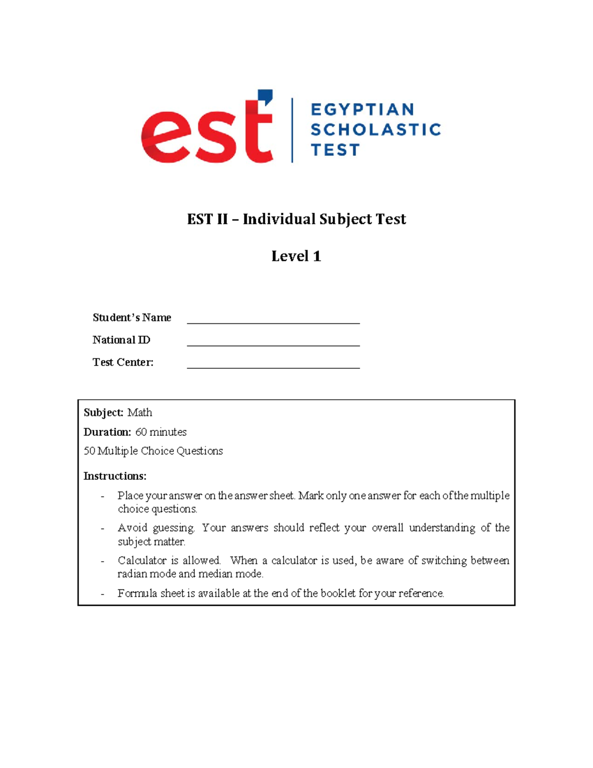 EST II - Math Level 1 - June 2021 - EST II – Individual Subject Test ...