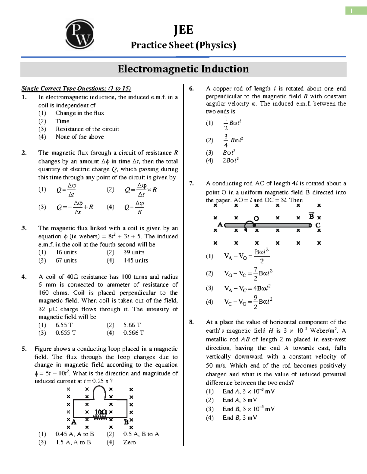 Practice Sheet Tejas Lakshya JEE Electromagnetic Induction (2024) (Part - 01) - JEE Practice ...