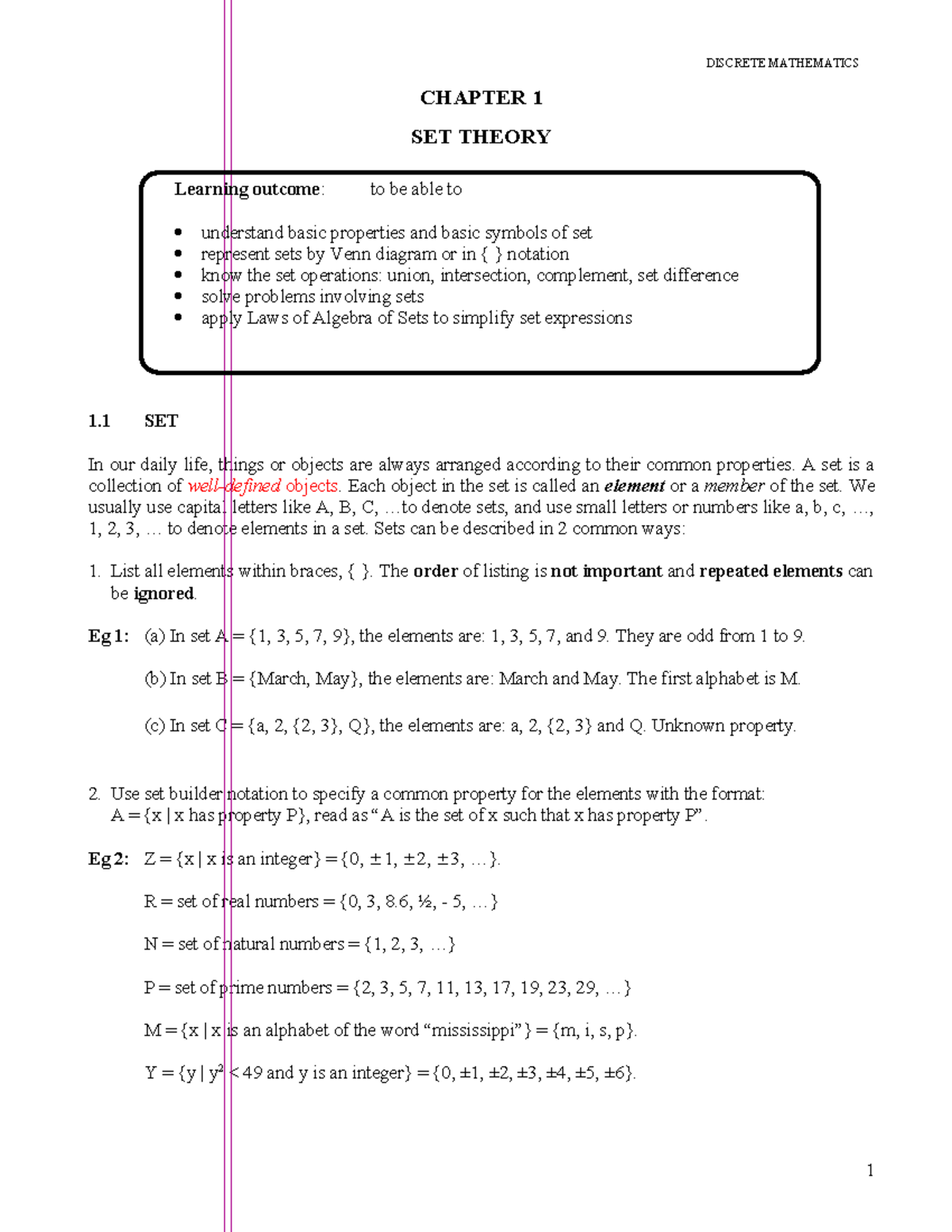 Chapter 1 Set theory WB - notes. - CHAPTER 1 SET THEORY 1 SET In our ...