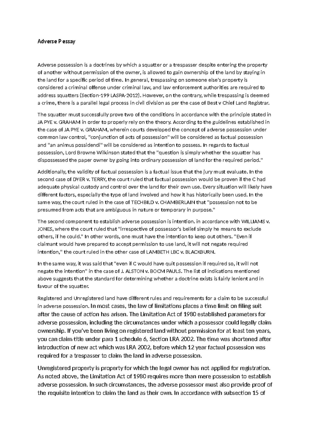 Adverse possession essay - Adverse P essay Adverse possession is a ...