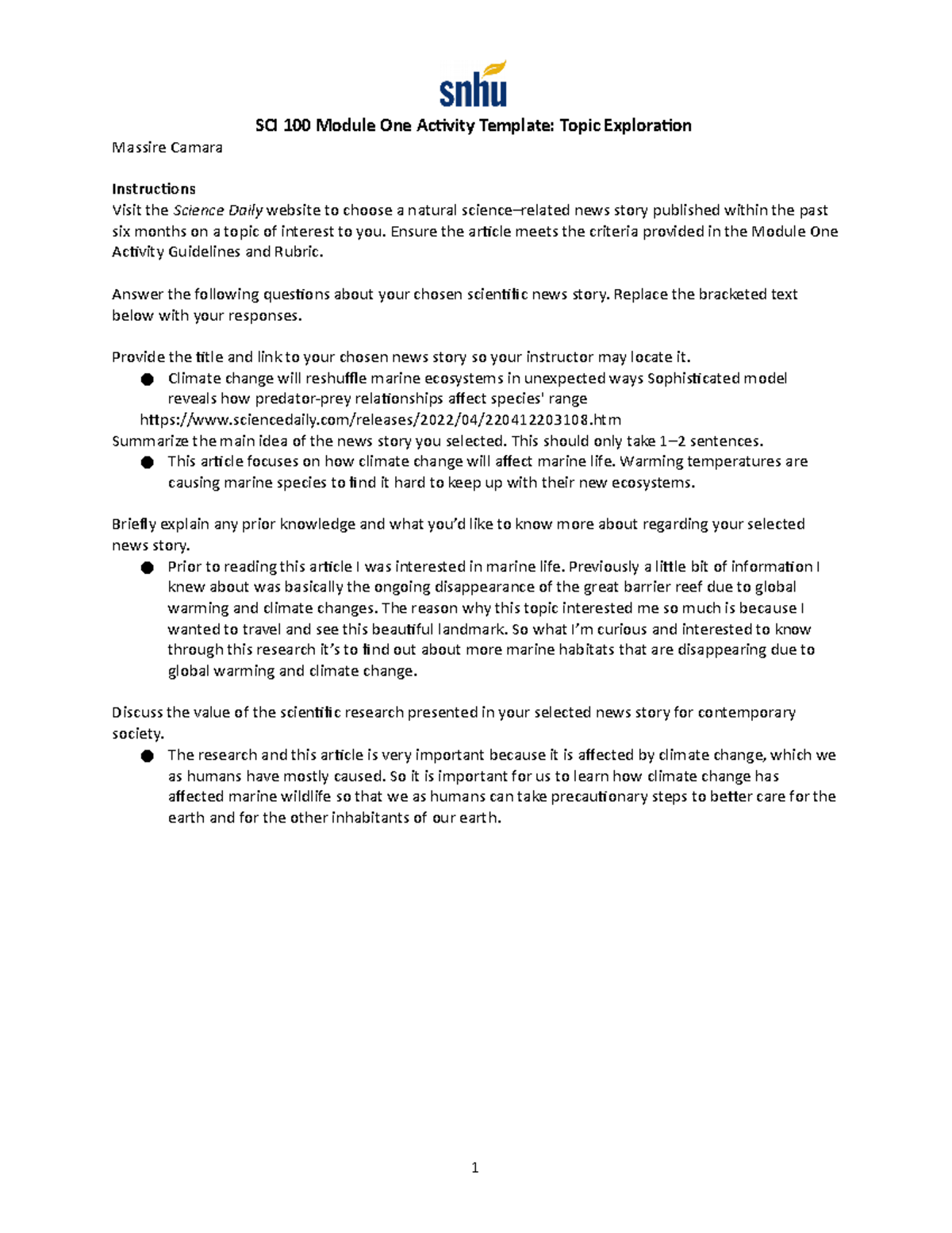 SCI 100 Module One Activity - Ensure the article meets the criteria ...
