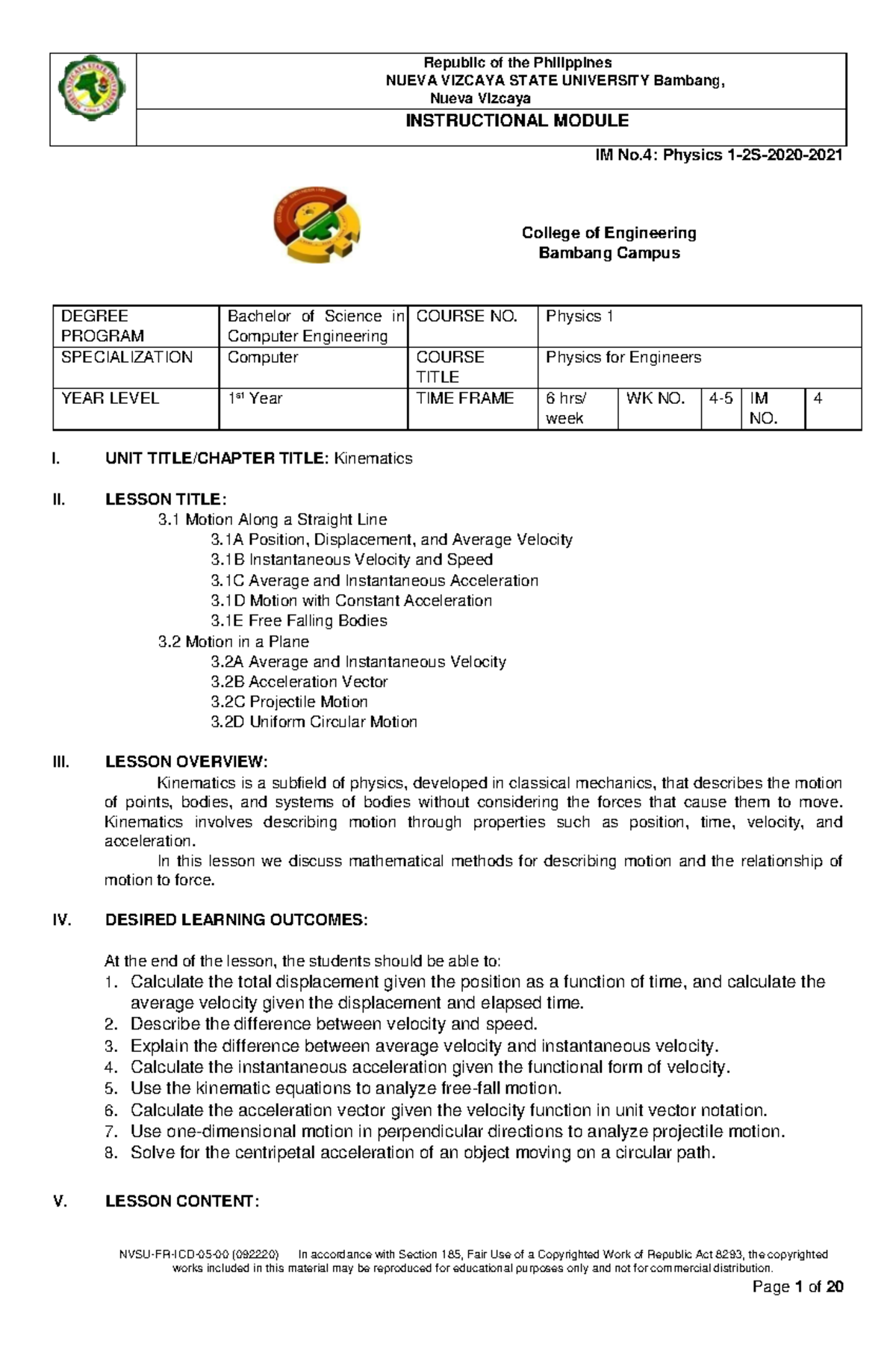 Physics for Engineers IM4 - IM No: Physics 1-2S-2020- NVSU-FR-ICD-05-00 ...