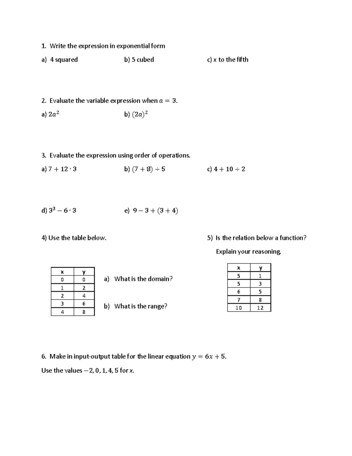 Algebra 1 Summer Packet - Write the expression in exponential form a) 4 ...