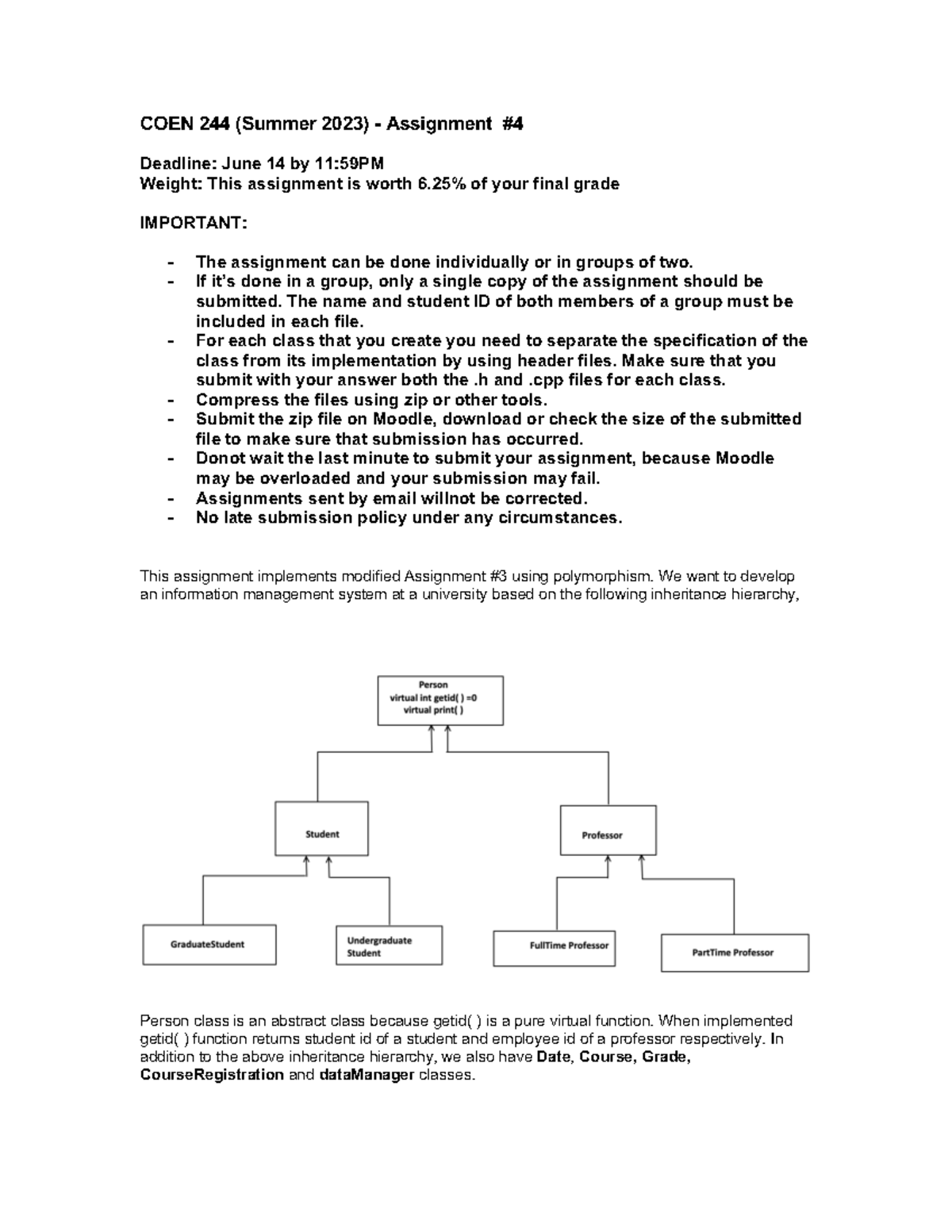 ASS4 23S - Assignment 4 relating to polymorphism - COEN 244 - Concordia - Studocu