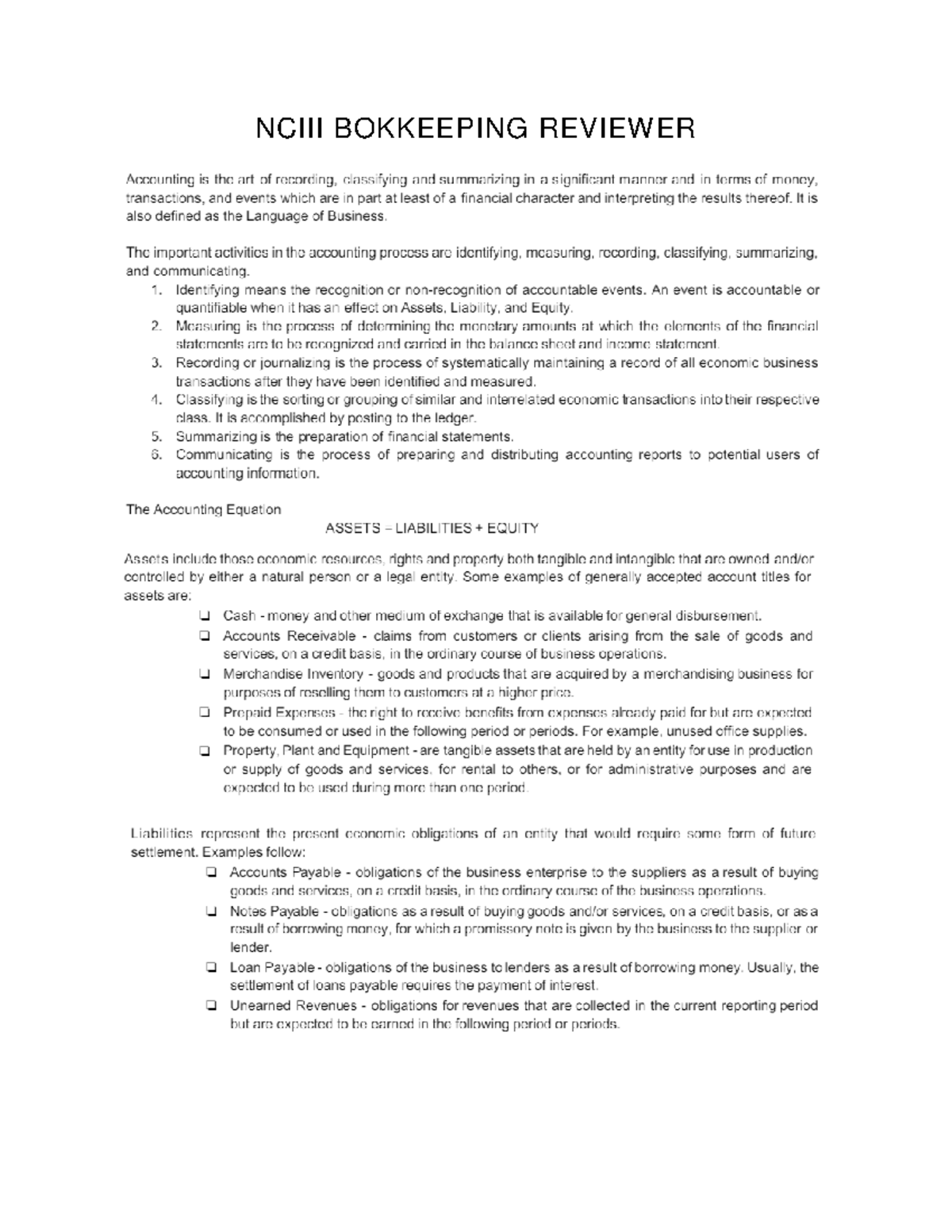 Nciii Bokkeeping Reviewer Discussions and Problems - Accountancy ...