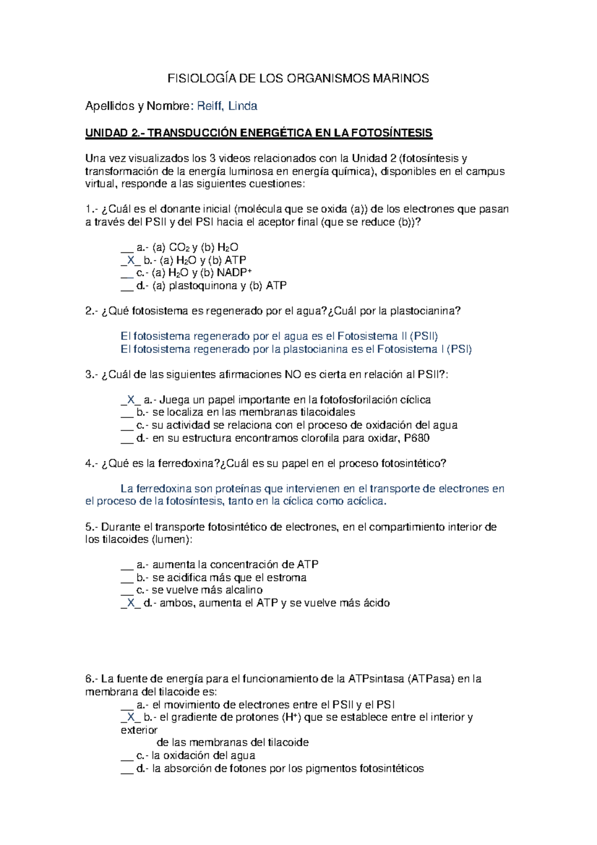 Ejercicio clase tipo test - DE LOS ORGANISMOS MARINOS Apellidos y ...