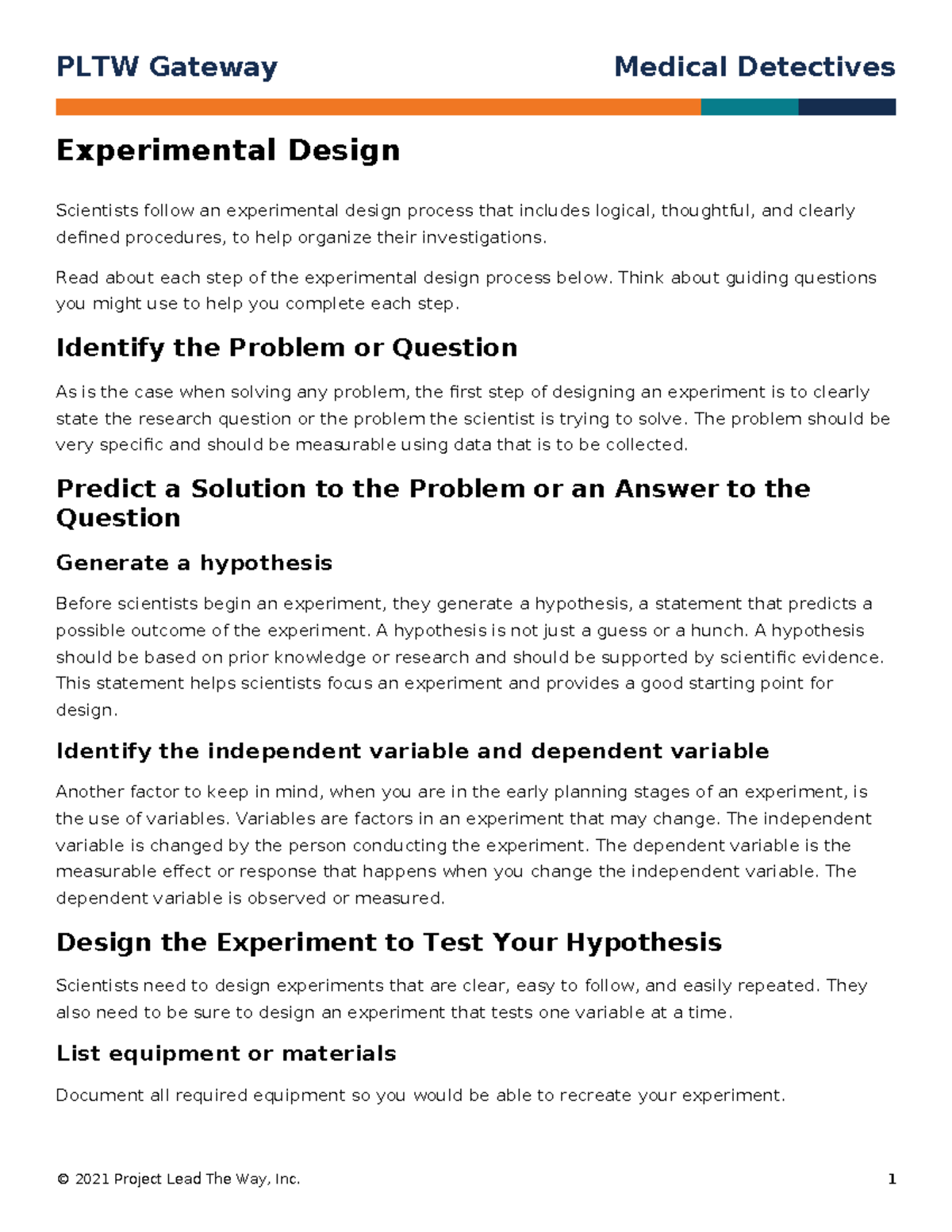 MD 1 2Experimental Design - PLTW Gateway Medical Detectives ...