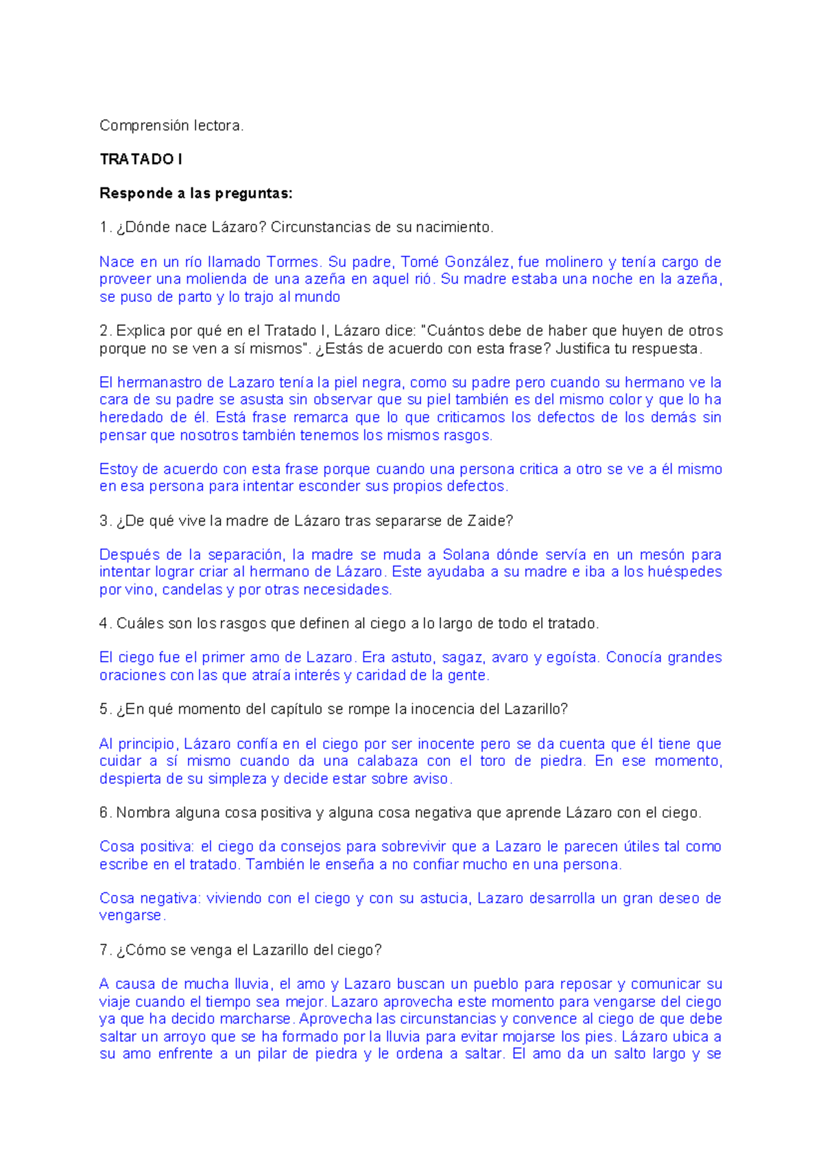 Tratado I EL Lazarillo - Comprensión lectora. TRATADO I Responde a las ...
