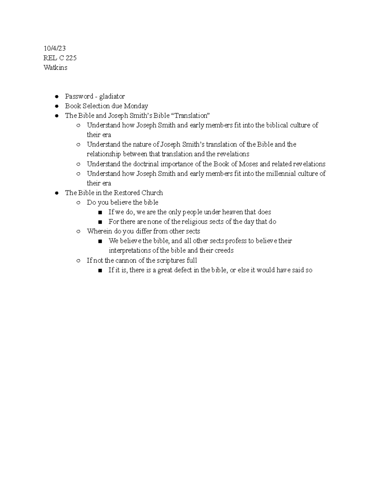 REL C 225 Lecture 10/4 - 10/4/ REL C 225 Watkins Password - gladiator ...