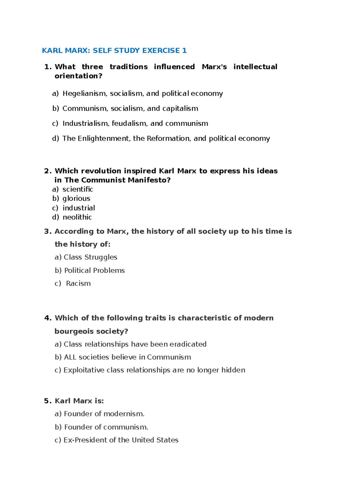 Week 3- Marx - self study activity - KARL MARX: SELF STUDY EXERCISE 1 ...