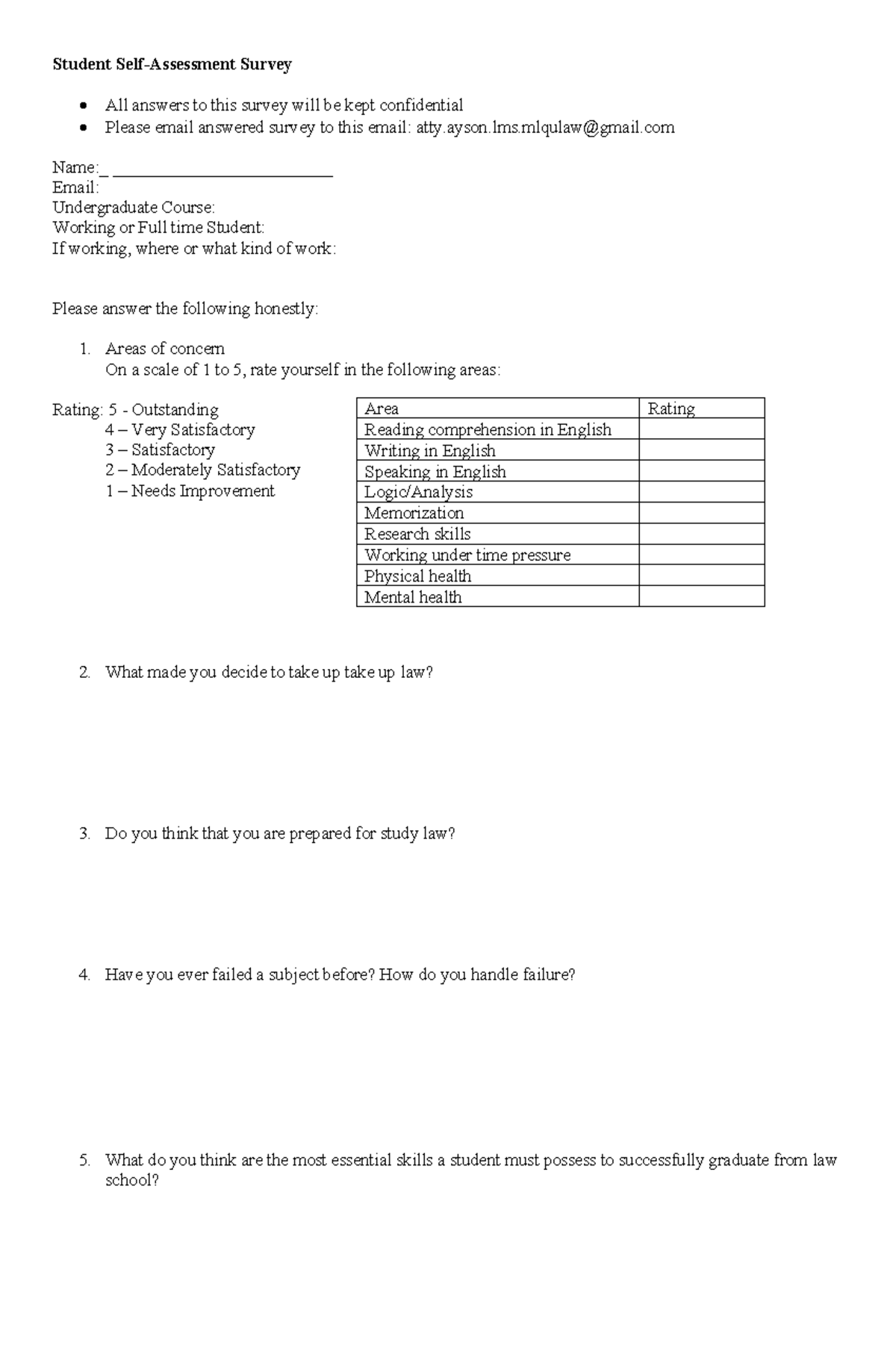 Students Assessment Survey 2 - Student Self-Assessment Survey All ...